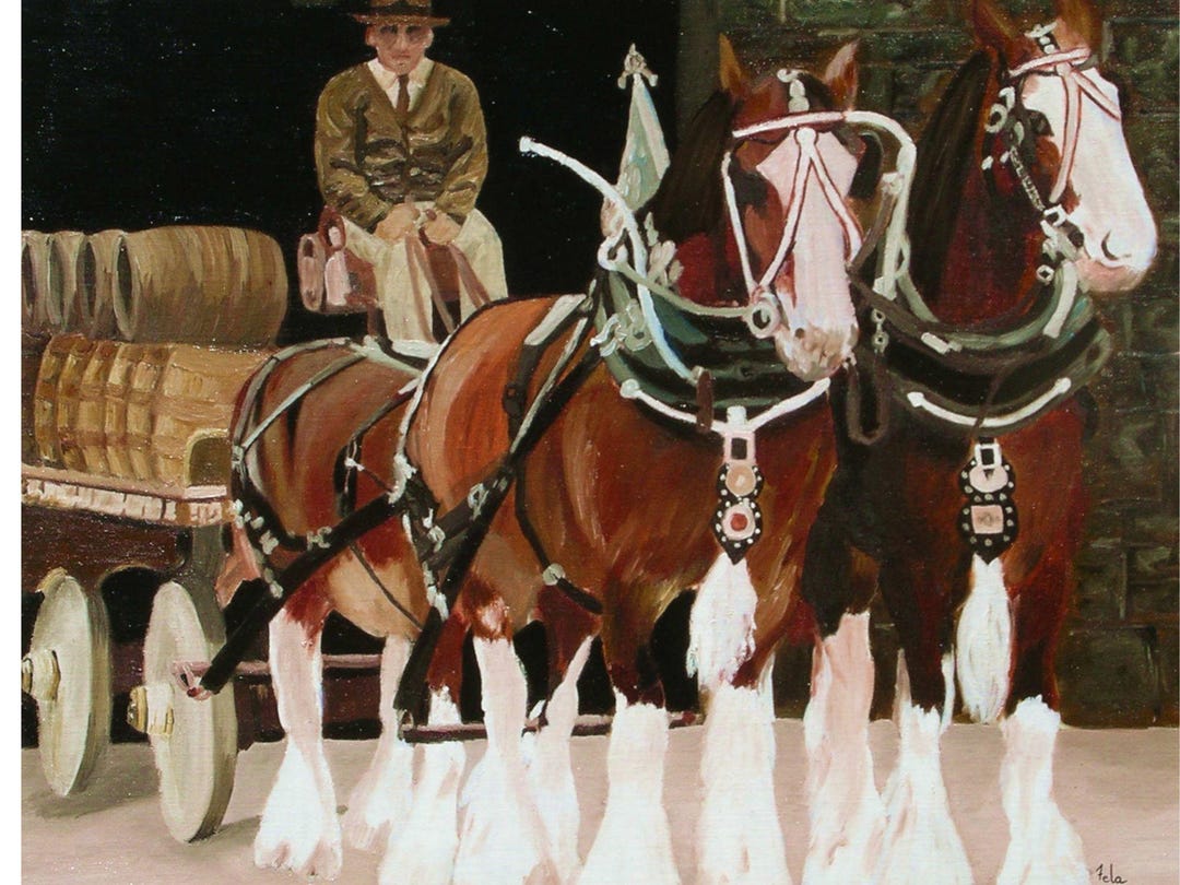 Beer Cart Draft Horses Oil Painting, Old World Charm, Atmospheric Art ...