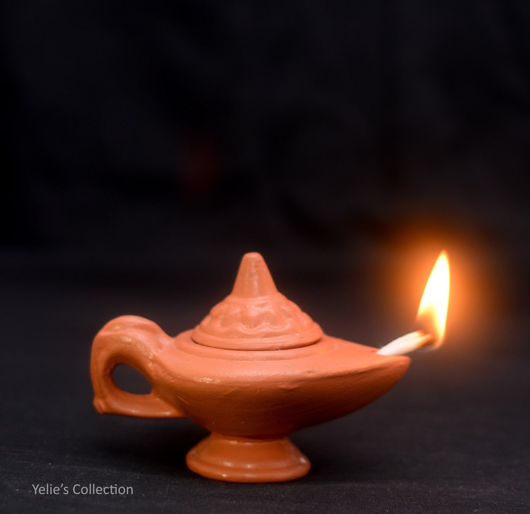 Aladdin Clay Oil Lamp Pot Handmade Separate Lid Self Handle Home Yoga ...