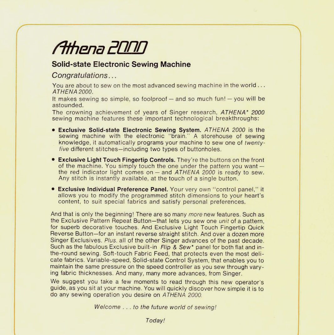 Singer Athena 2000 _instruction Manual (PDF Format) _digital Download ...