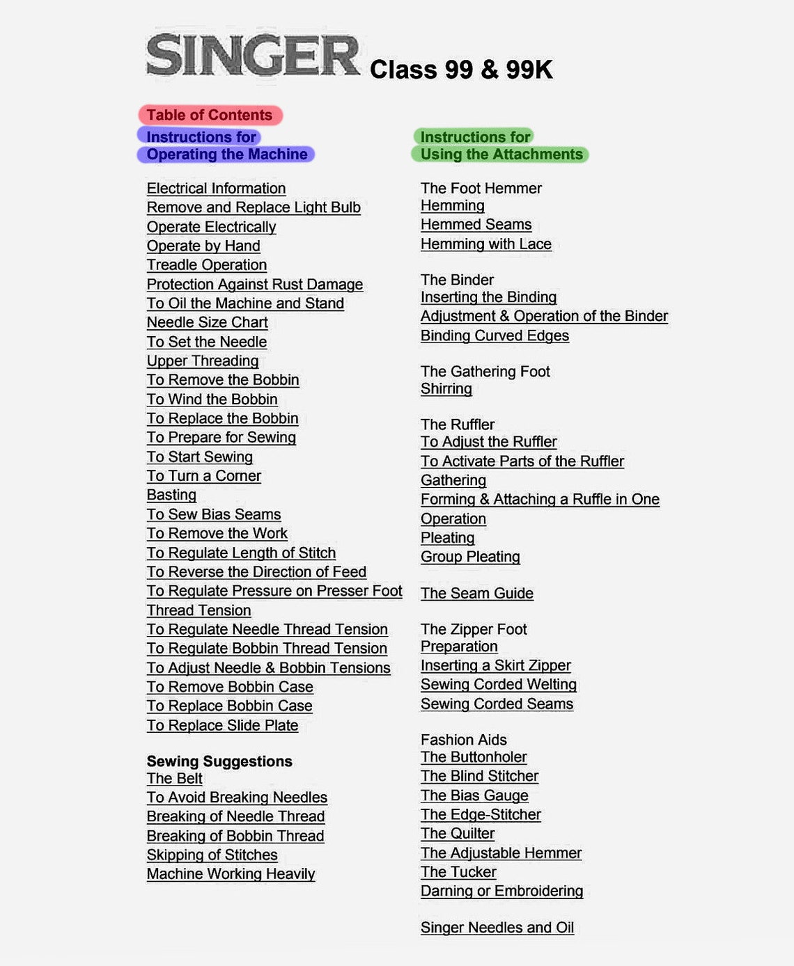 Singer _class 99 & 99K _sewing Machine _instruction Manual _PDF Format ...