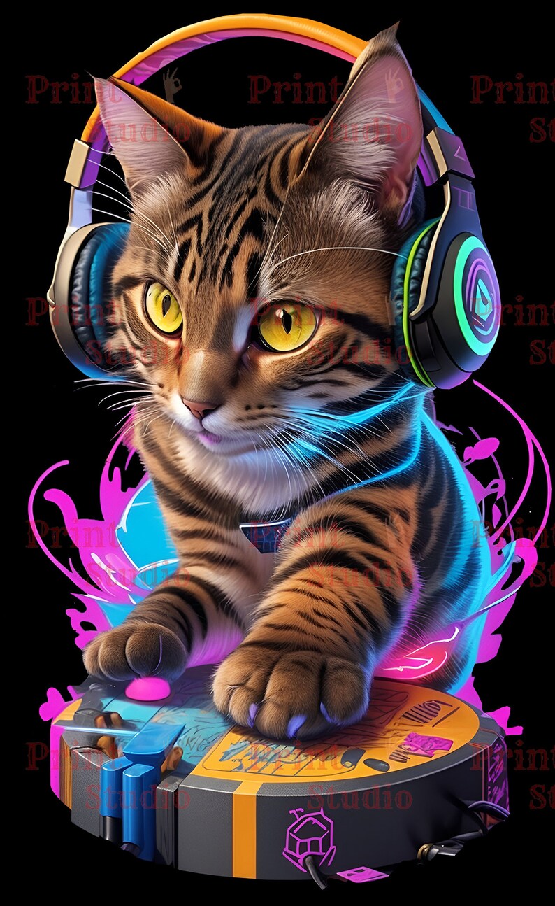 Cat. Png File. Stencil Ready to Cut. Lineart. SVG, DJ Cat in Headphones ...