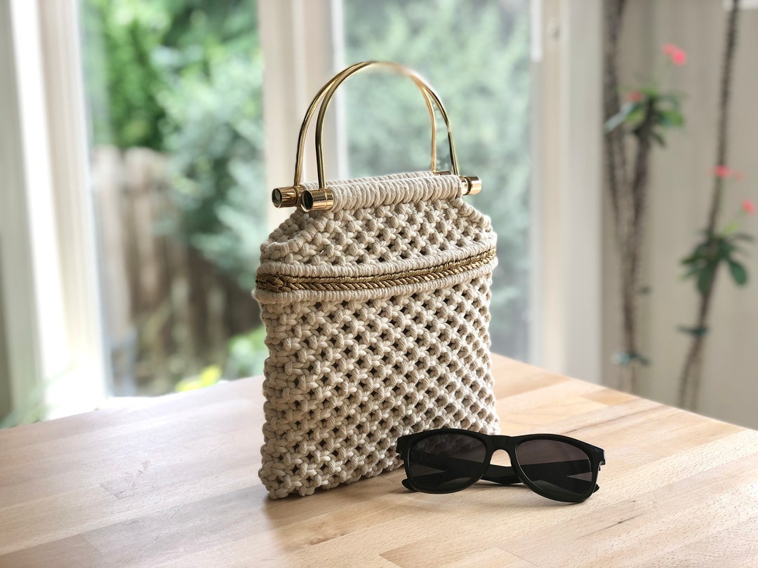 Macrame Handbag With Gold Metal Handles | Macrame Purse | Drawstring ...