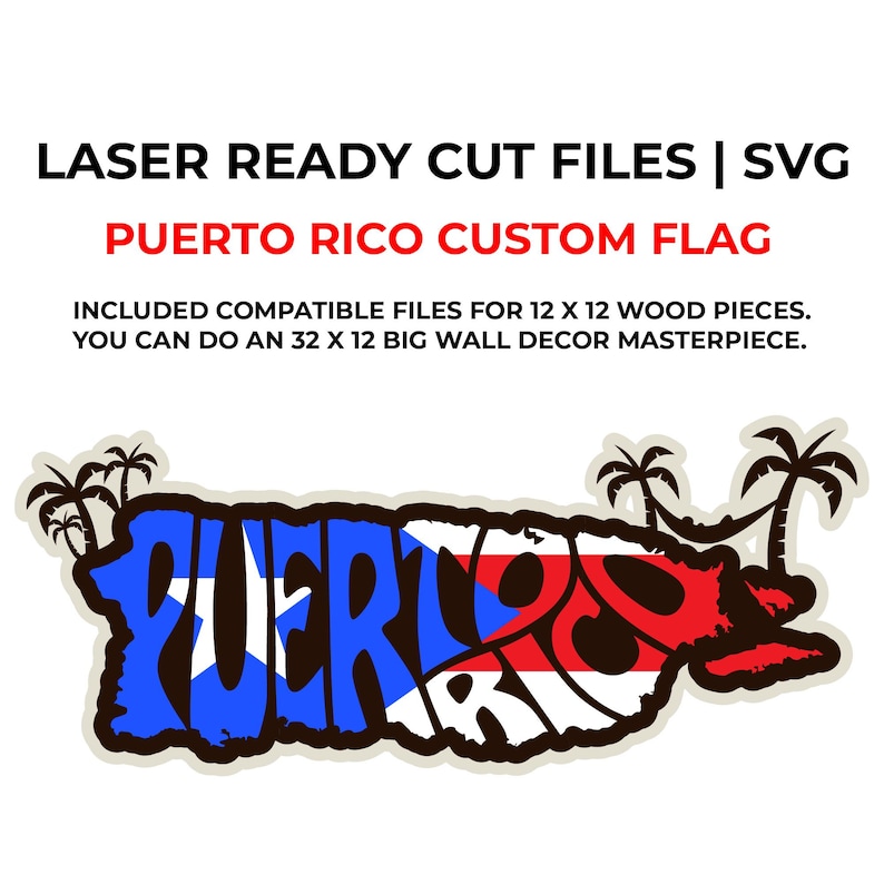 Puerto Rico Flag Map SVG - Wooden Wall Art: Size 32" X 12" - Etsy