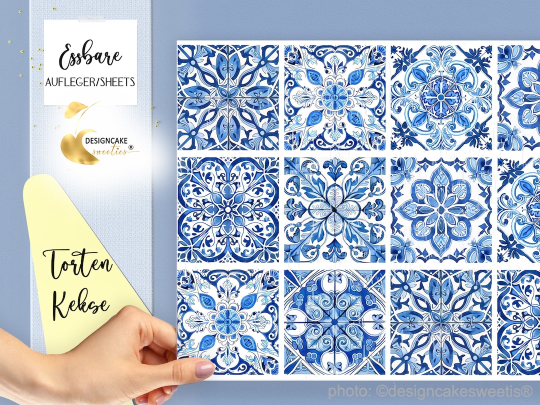 Cake Ribbon | Edible Sheet Tiles | Azulejo Tile Light Blue ...