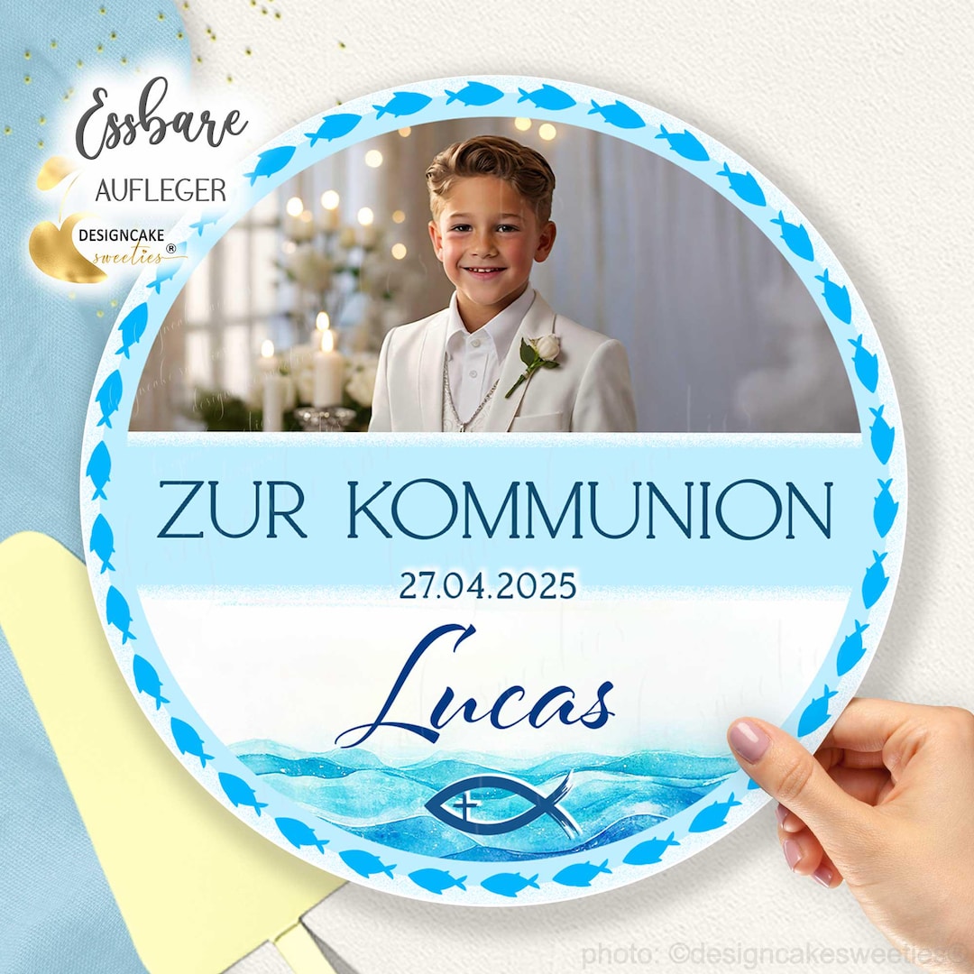 Tortenaufleger Kommunion FOTO Fisch Symbol personalisiert Junge Kind ...