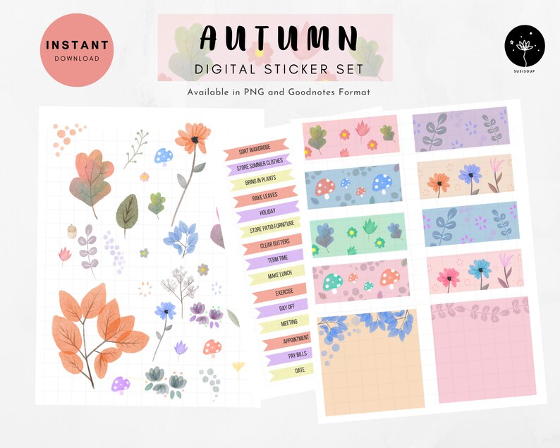 Autumn Digital Stickers Set Floral Fall Planner Stickers for - Etsy UK