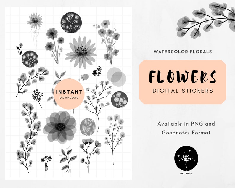 Flower Stickers for Goodnotes Planner and Digital Planner, Hand Drawn ...