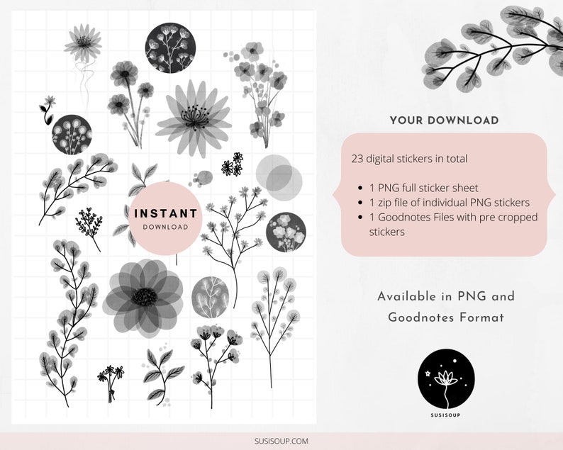 Flower Stickers for Goodnotes Planner and Digital Planner, Hand Drawn ...