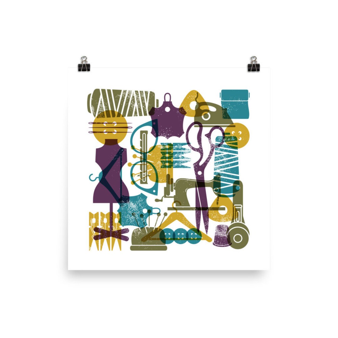 Sewing Retro Wall Art Design in MCM Fun Colors Square Poster - Etsy