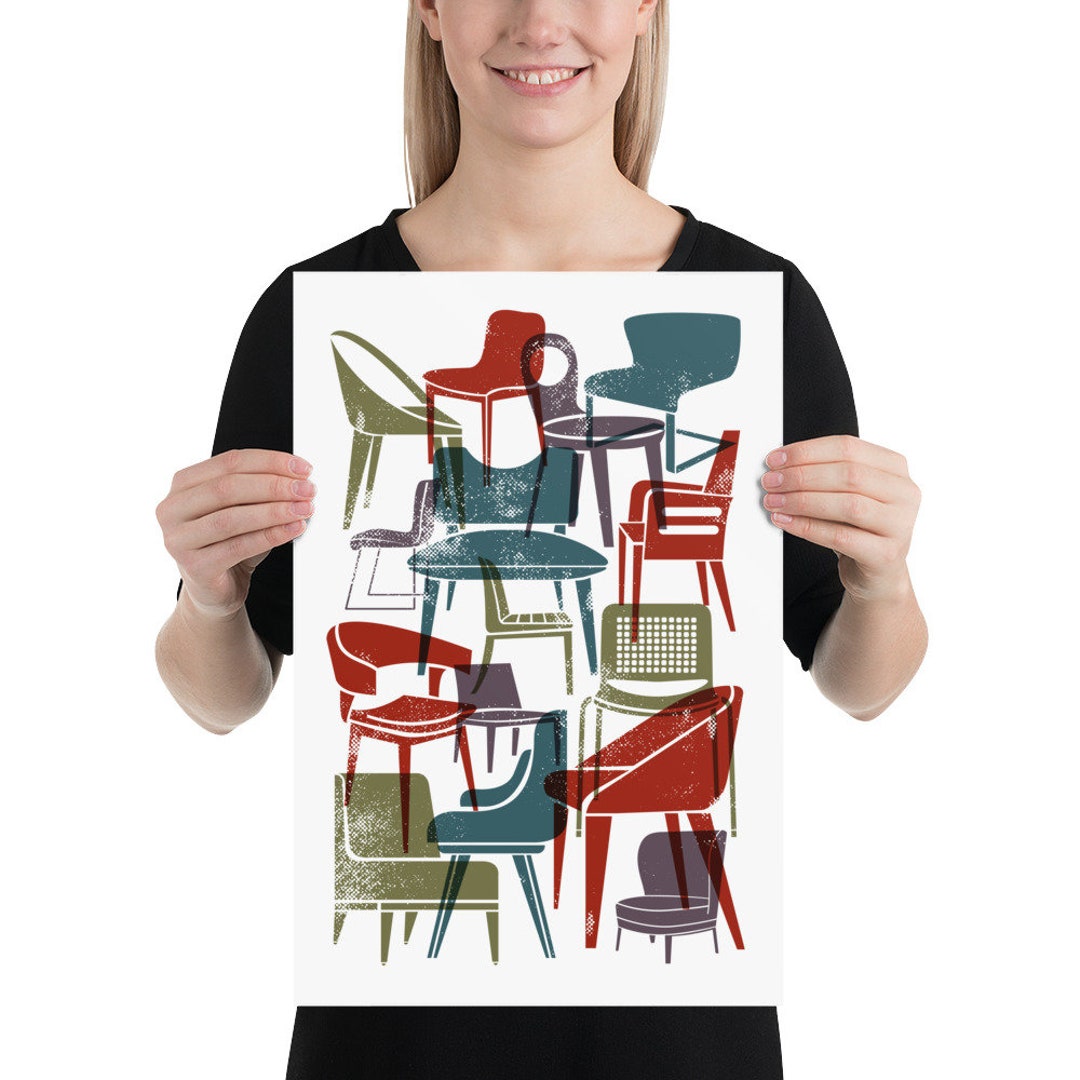 Mid-century Modern Retro Chairs Poster in Green, Red, Teal, and Purple ...