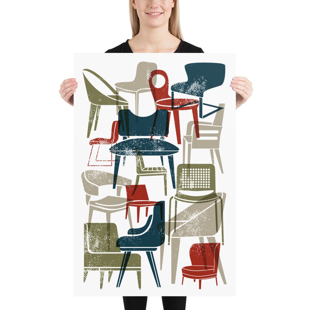 Mid-century Modern Chairs Poster in Olive, Tan, Red, and Dark Teal - Etsy