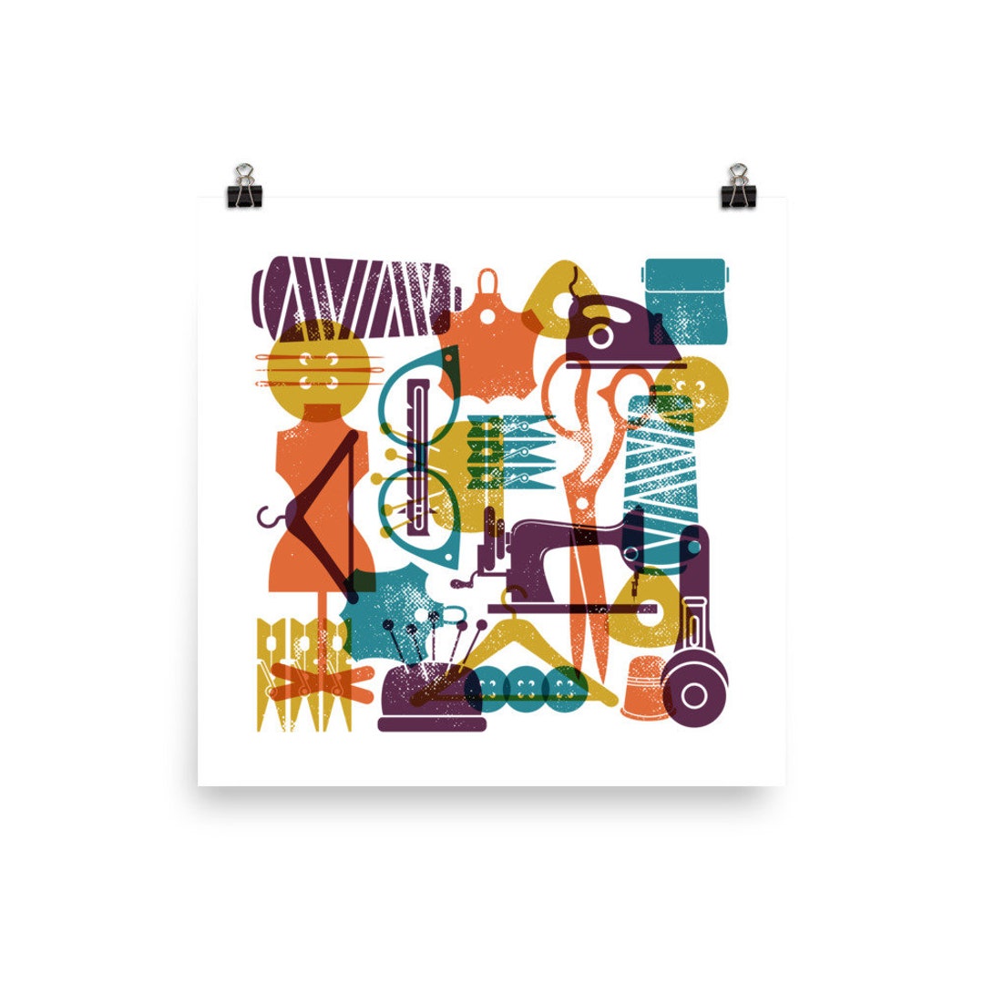 Sewing Retro Wall Art Design in MCM Brights Square Poster - Etsy