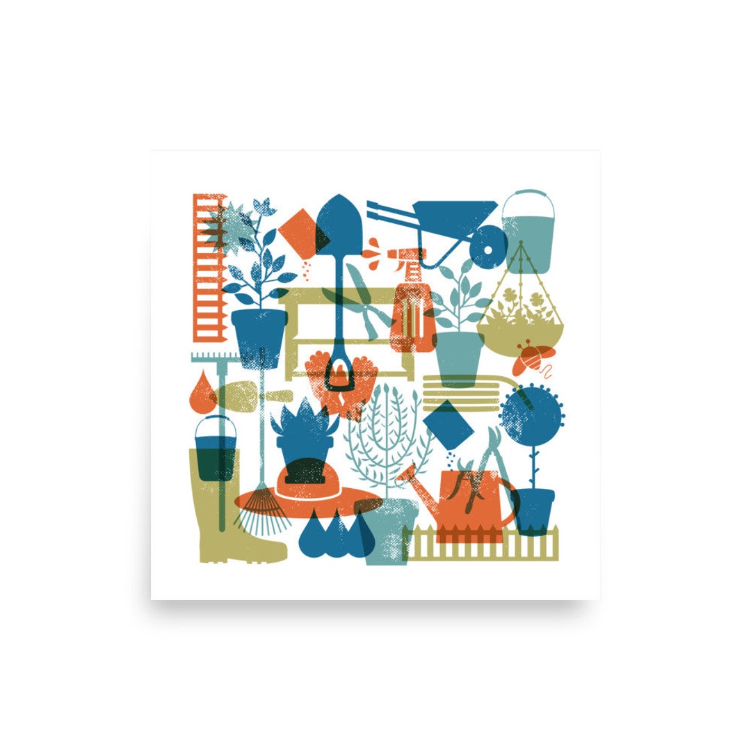 Gardening Vintage Modern Square Poster in MCM Cool Colors - Etsy