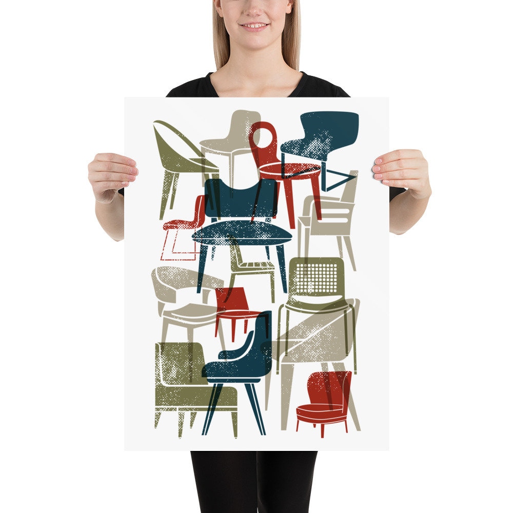 Mid-century Modern Chairs Poster in Olive, Tan, Red, and Dark Teal - Etsy
