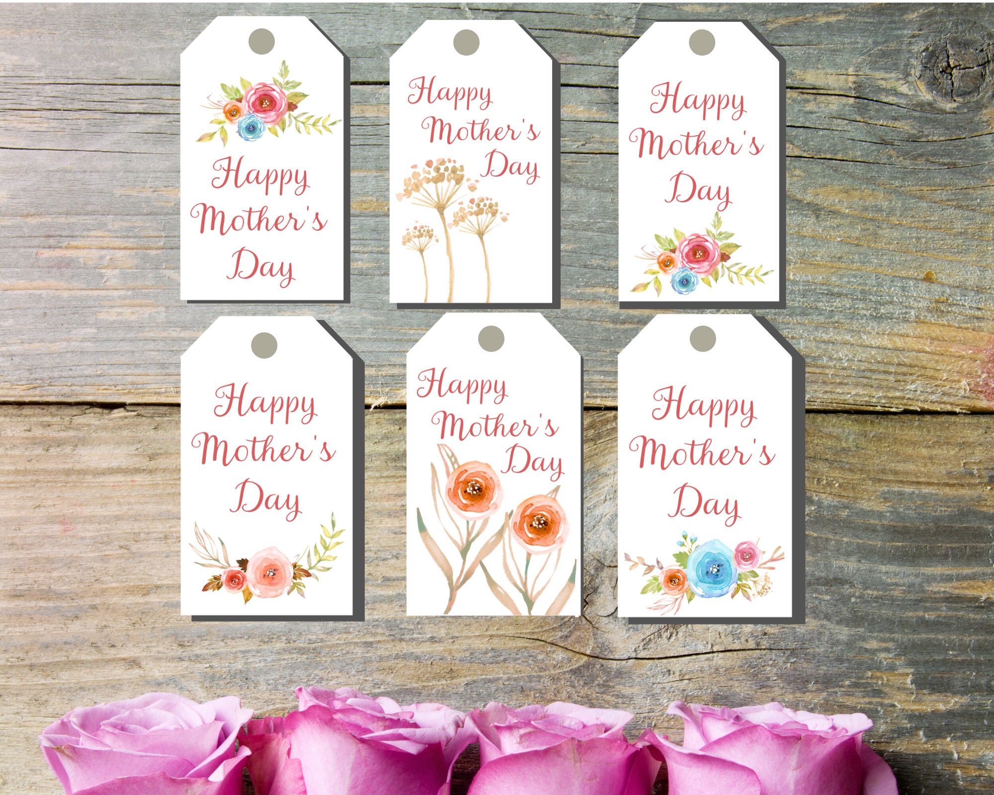Happy Mother's Day Printable Gift Tags Floral Watercolor - Set of 6 ...