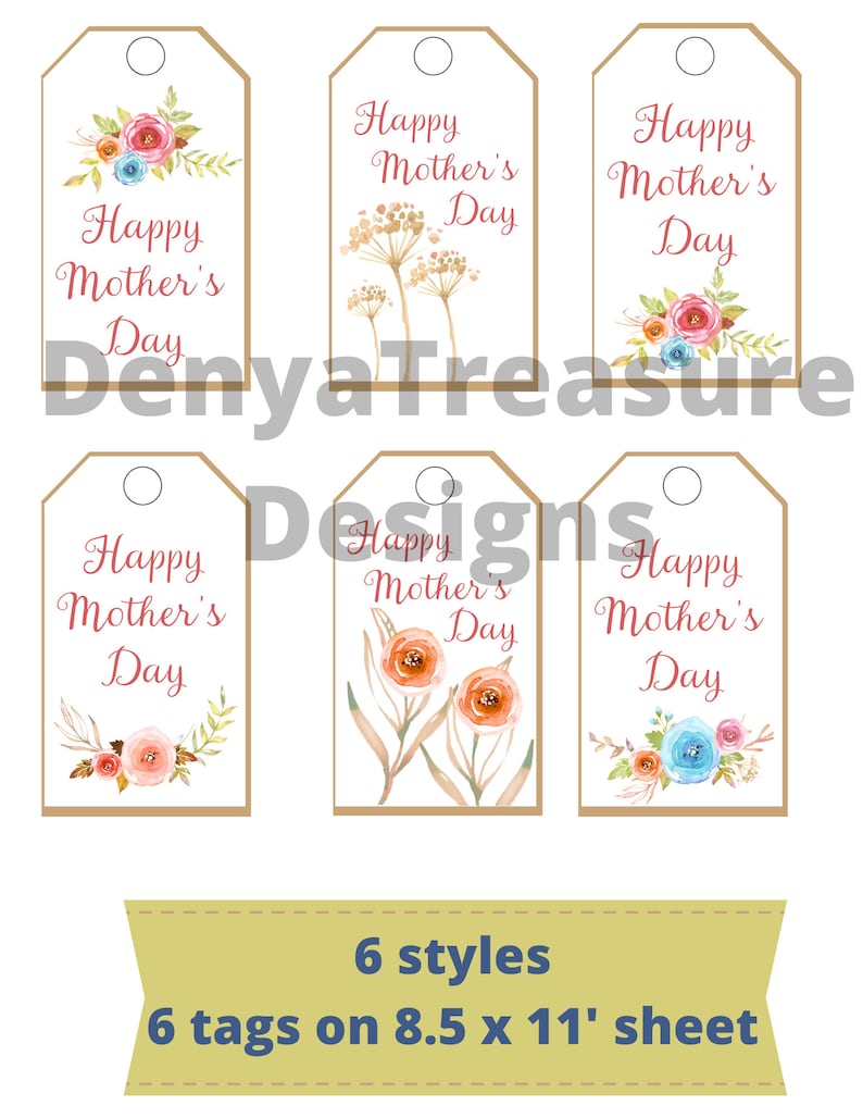 Happy Mother's Day Printable Gift Tags Floral Watercolor - Set of 6 ...