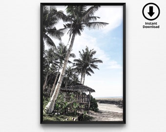 Palm Tree Printable Poster, Boat on the Beach Print, Girl Relaxing ...