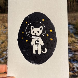 Astronaut Cat Petite Spaceman Linocut Blockprint Art for Pet Cat Owner ...