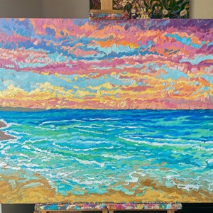 Oil Painting Layers of Colorful Sky & Abstract Clouds Above Calm Sea ...