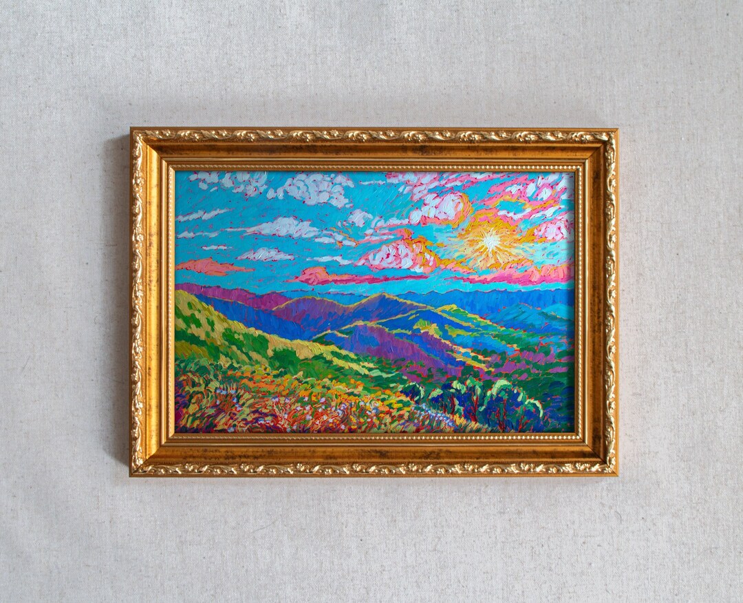 Original Oil Painting Sun & Summer Trail European Bieszczady Mountains ...