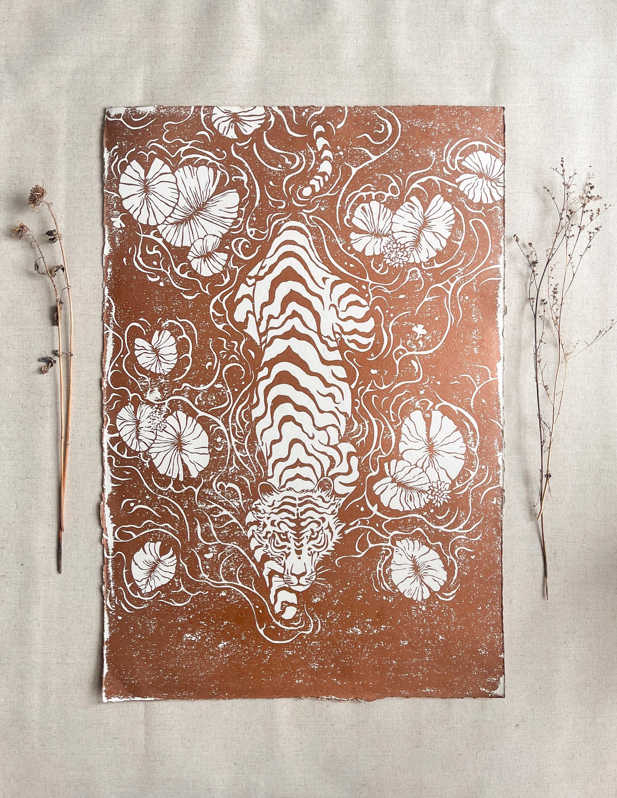 Original Handmade Lino Print of White Tiger Copper Metallic Ink ...