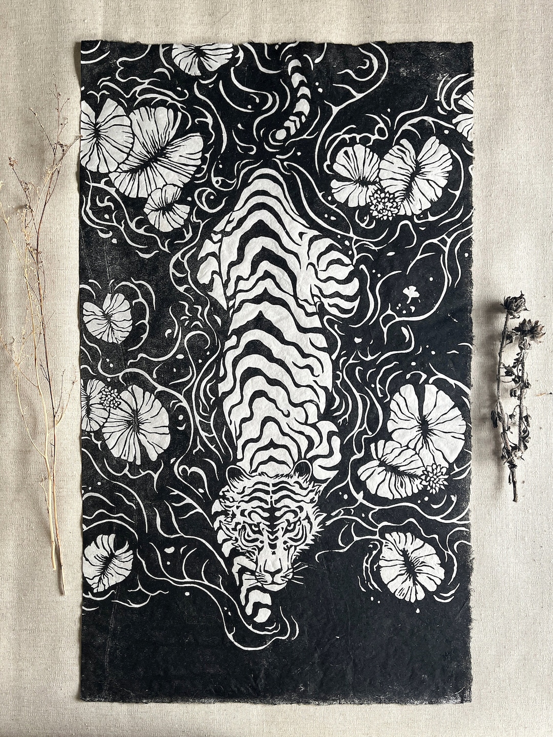 White Tiger Original Lino Print, Handmade Linocut Wild Animal on ...