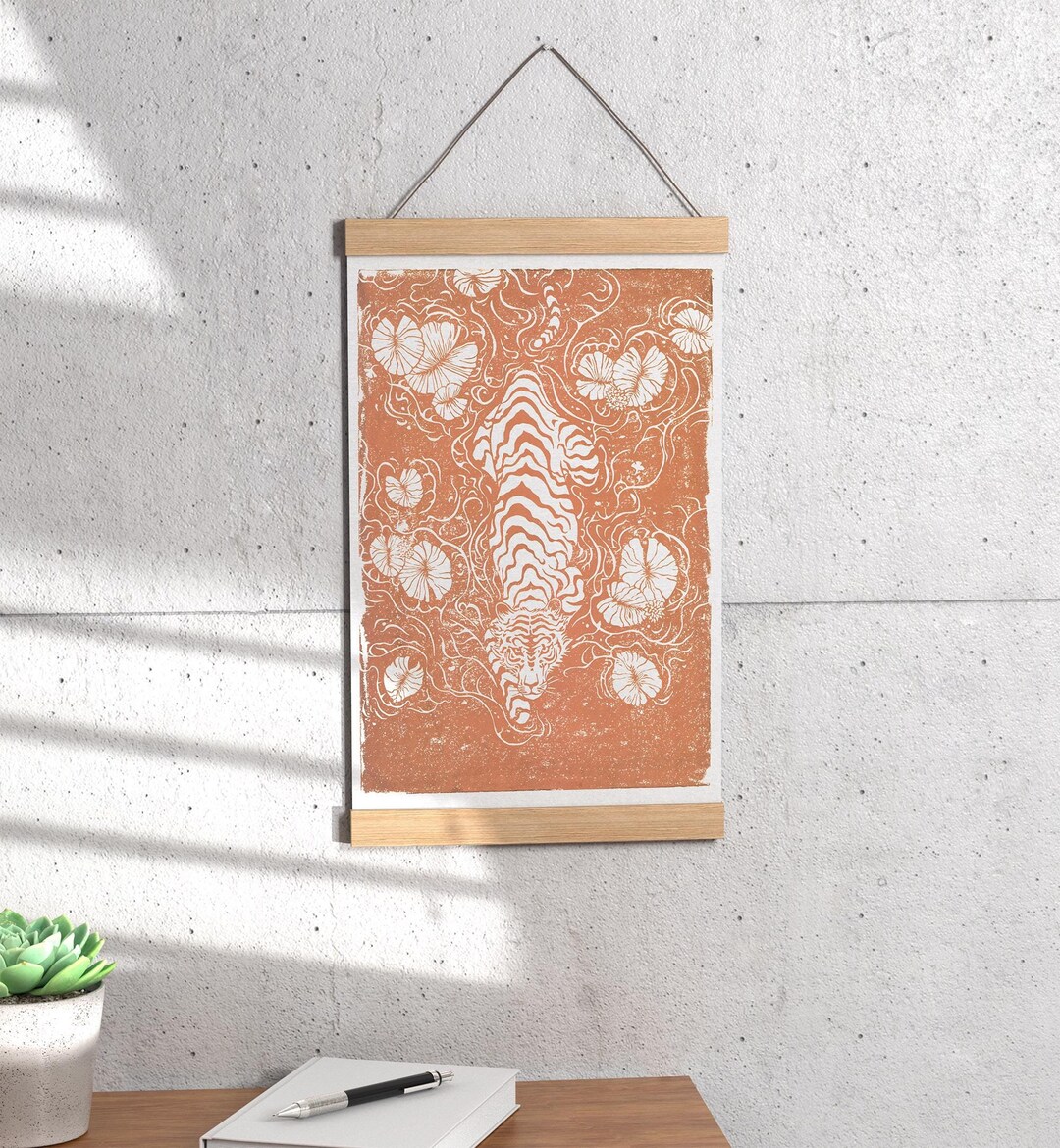 Copper Tiger Linocut Print With Wooden Hanger Giclée of Original ...