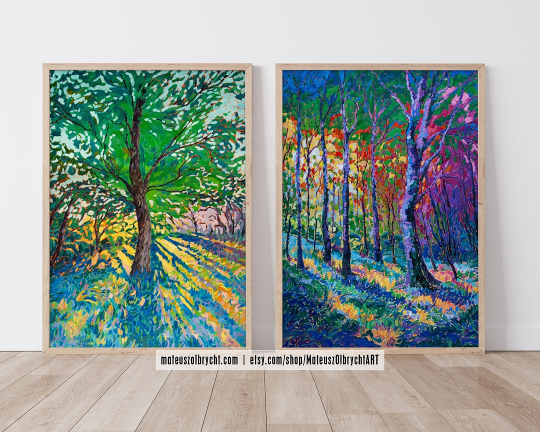 Set of 2 Wall Art Forest Trees Prints of Original Oil Painting Vivid ...