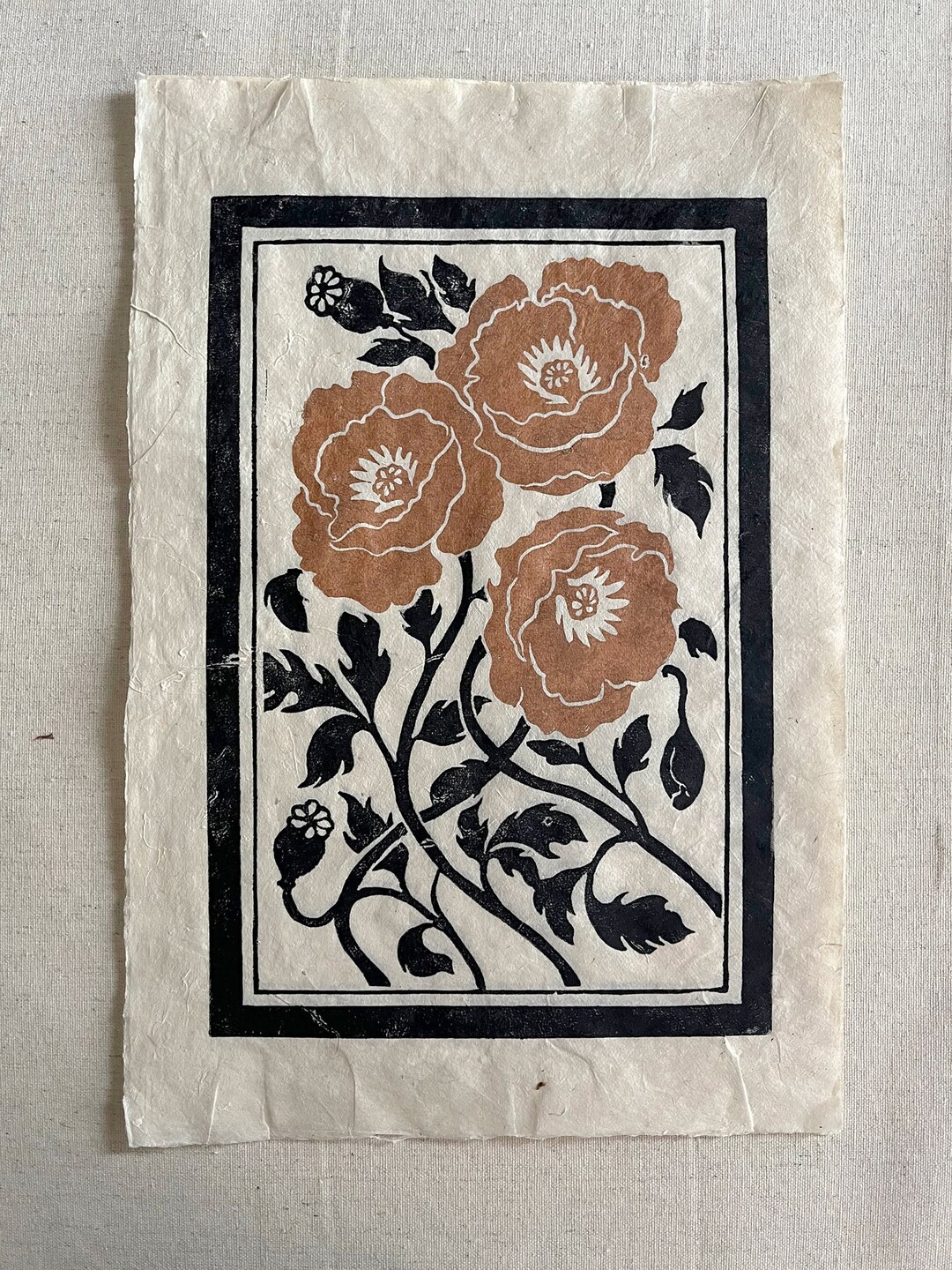 Original Linocut Print "poppies", Handmade Himalayan Lokta Nepalese ...