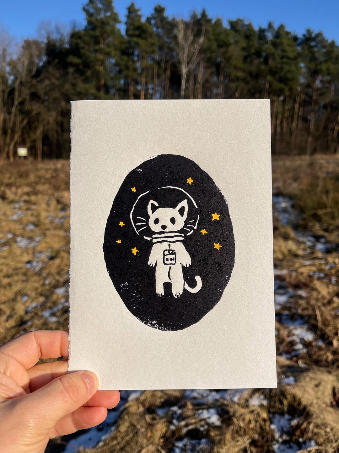 Astronaut Cat Petite Spaceman Linocut Blockprint Art for Pet Cat Owner ...