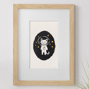 Astronaut Cat Petite Spaceman Linocut Blockprint Art for Pet Cat Owner ...