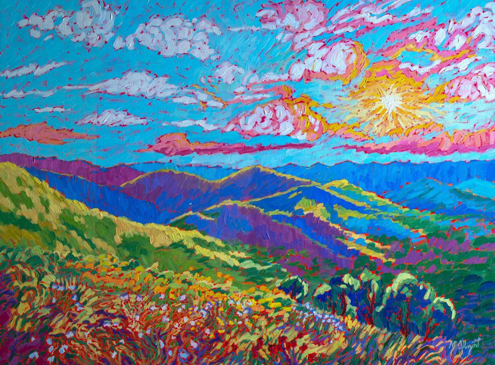 Original Oil Painting Sun & Summer Trail European Bieszczady Mountains ...