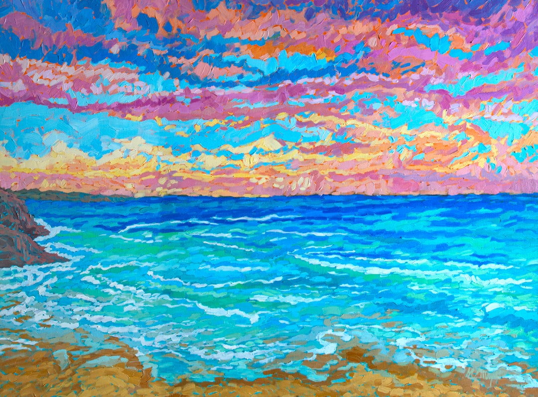 Oil Painting Layers of Colorful Sky & Abstract Clouds Above Calm Sea ...