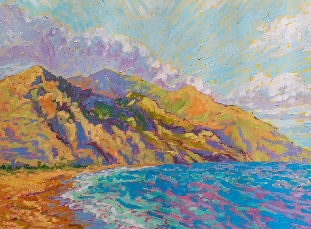 Art Print of Original Tenerife Sur Oil Painting, Impasto Textured Ocean ...