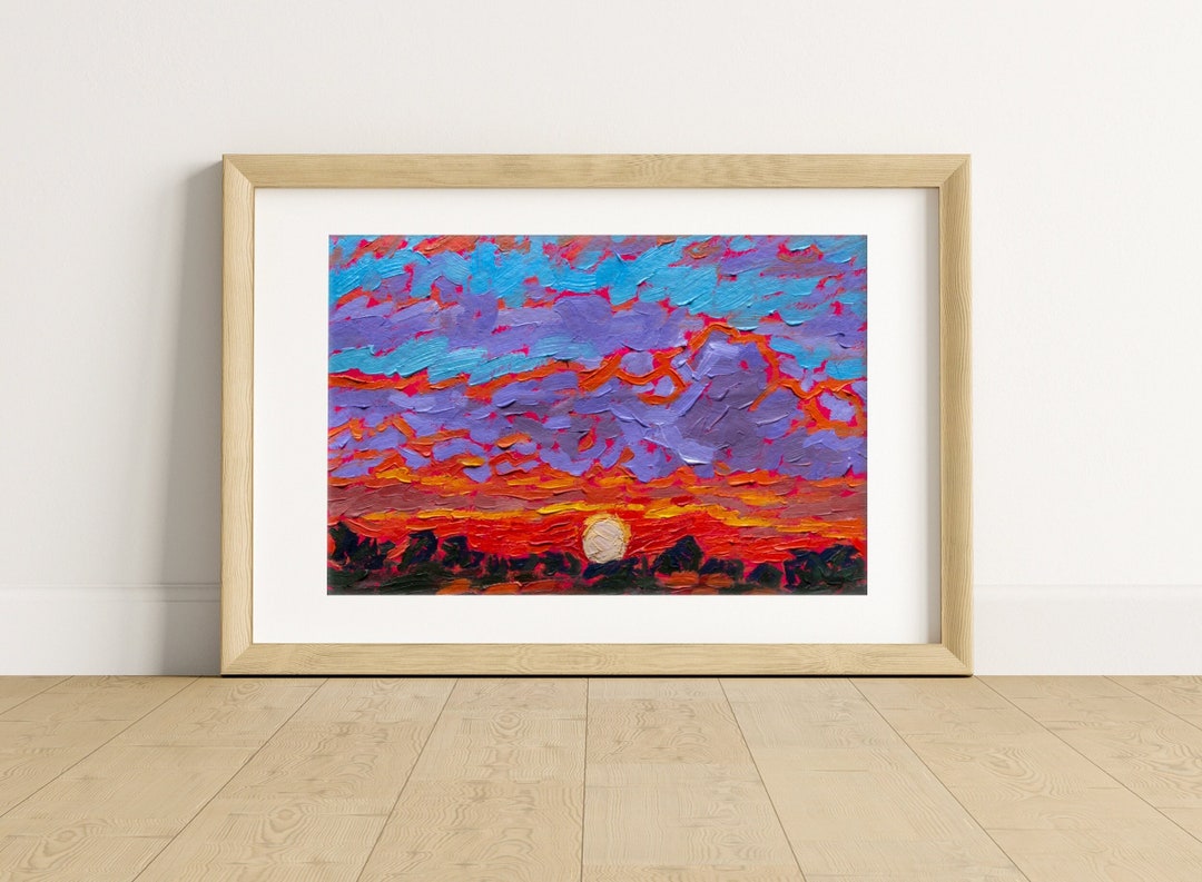 Original Oil Painting Vermillion Star No. 2, Red Sunset Small Framed ...