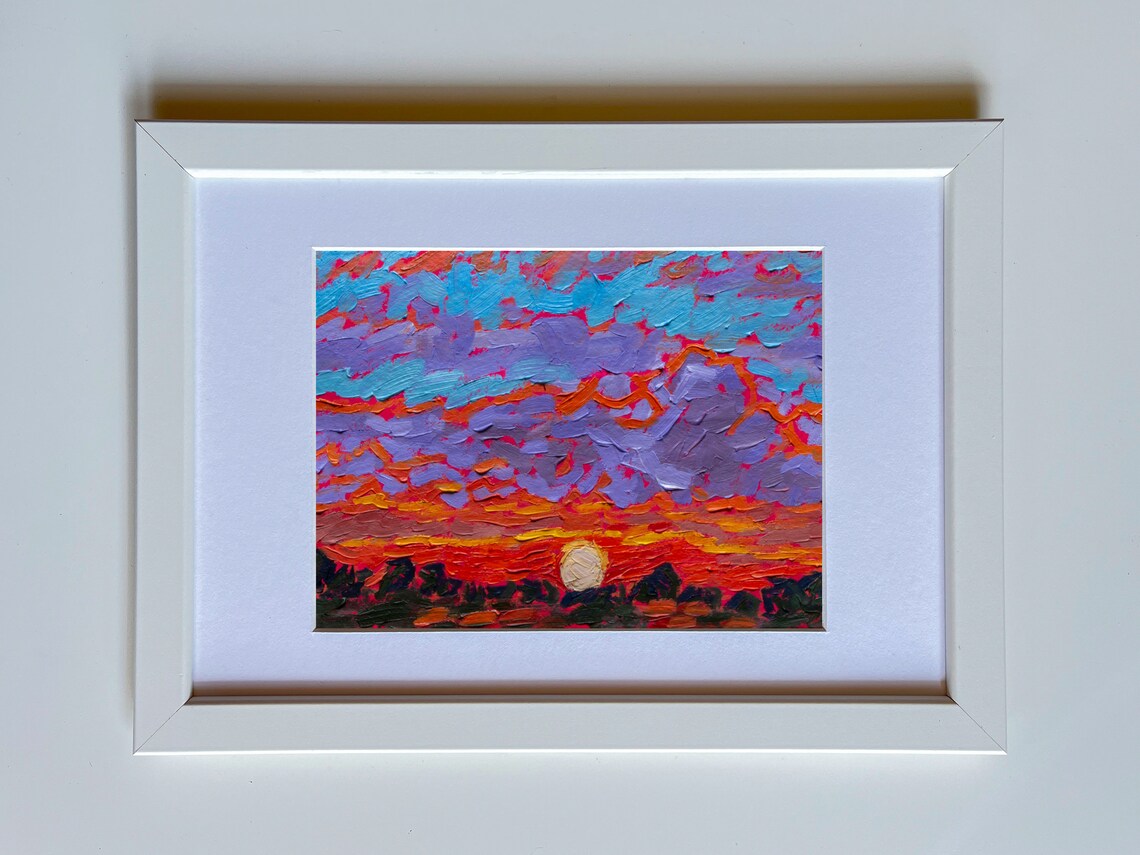 Original Oil Painting Vermillion Star No. 2, Red Sunset Small Framed ...