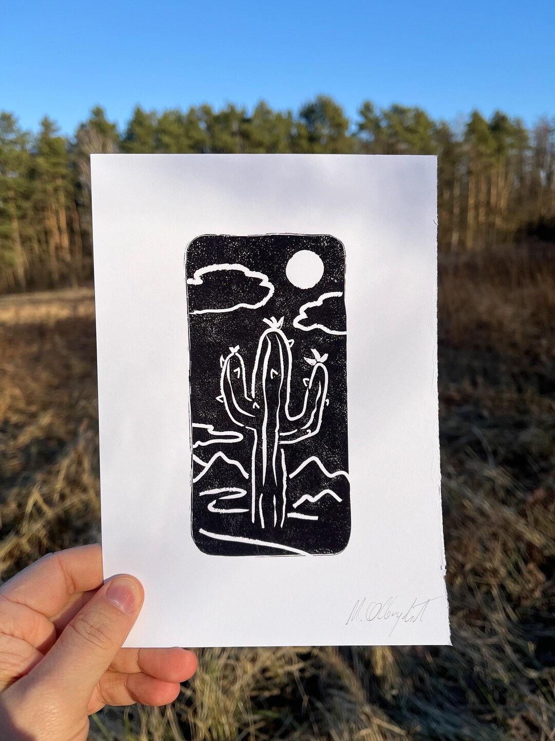 Saguaro Cactus Linocut Petite Blockprint Art Print, Desert Flora Giclee ...