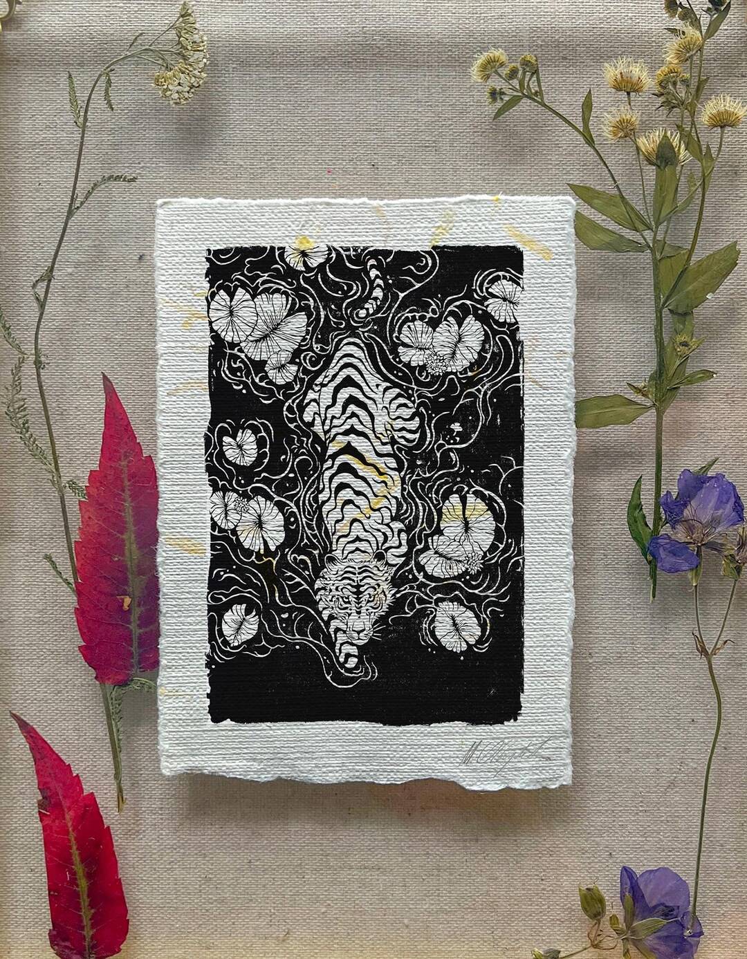 Tigress Linocut on Handmade Yellow Petals Flower Paper, Tiger on Hunt ...