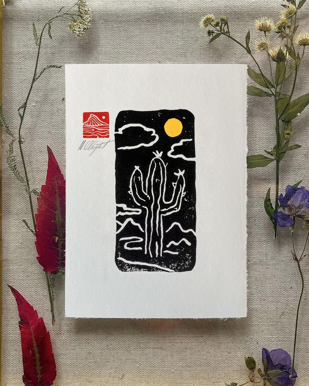 Saguaro Cactus Linocut Petite Blockprint Art Print, Desert Sun Flora ...
