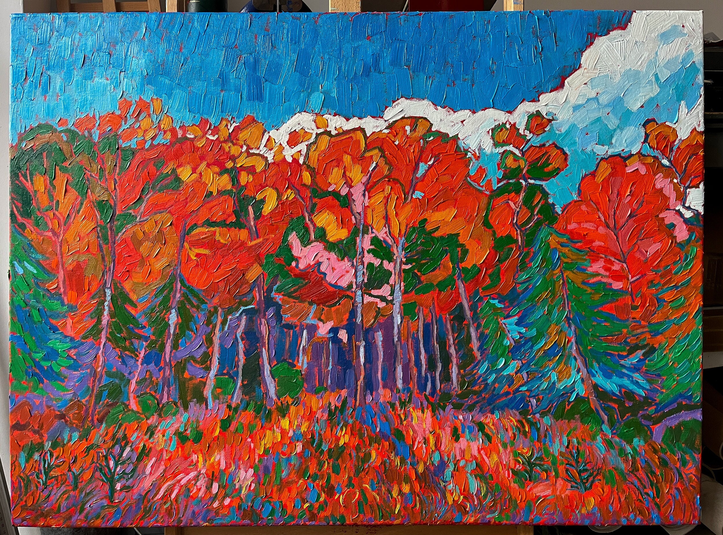 Original Oil Painting of Autumn Forest Trees, Red & Orange Leaves ...