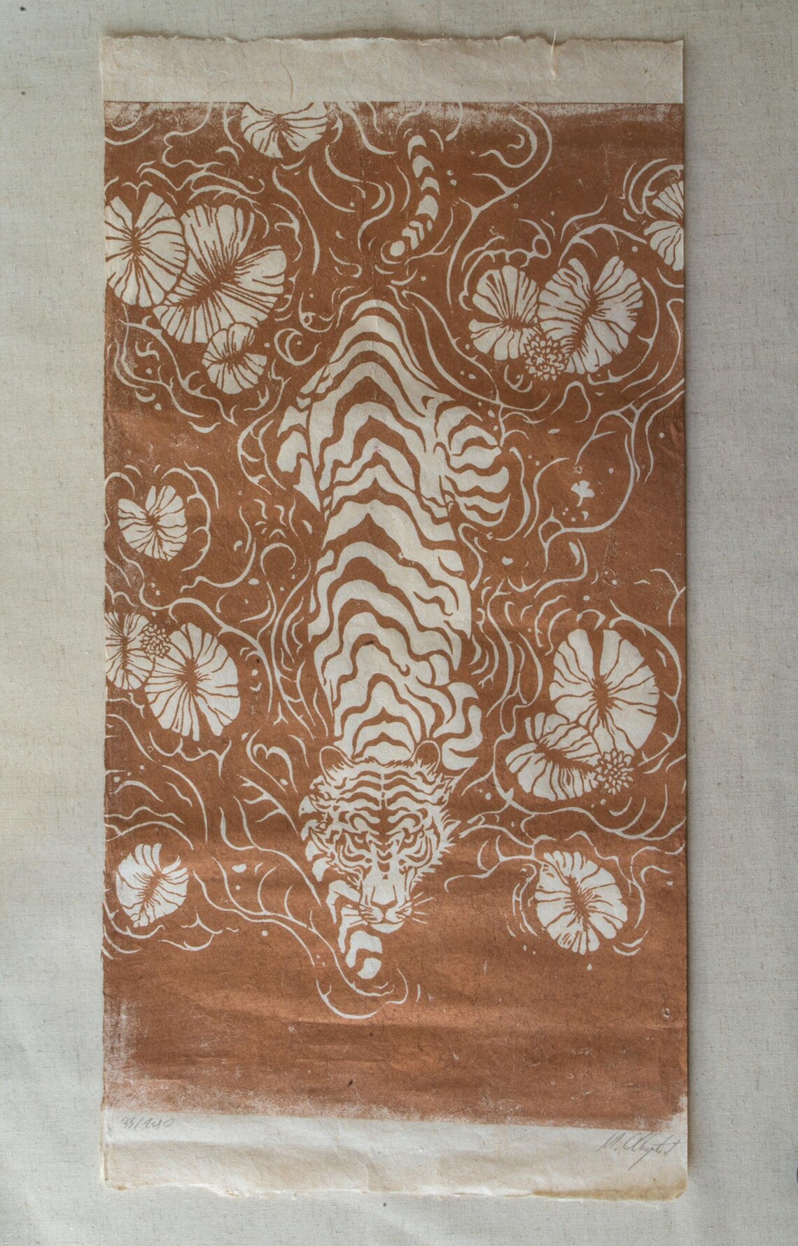 Original Handmade Lino Print of White Tiger Copper Metallic Ink ...