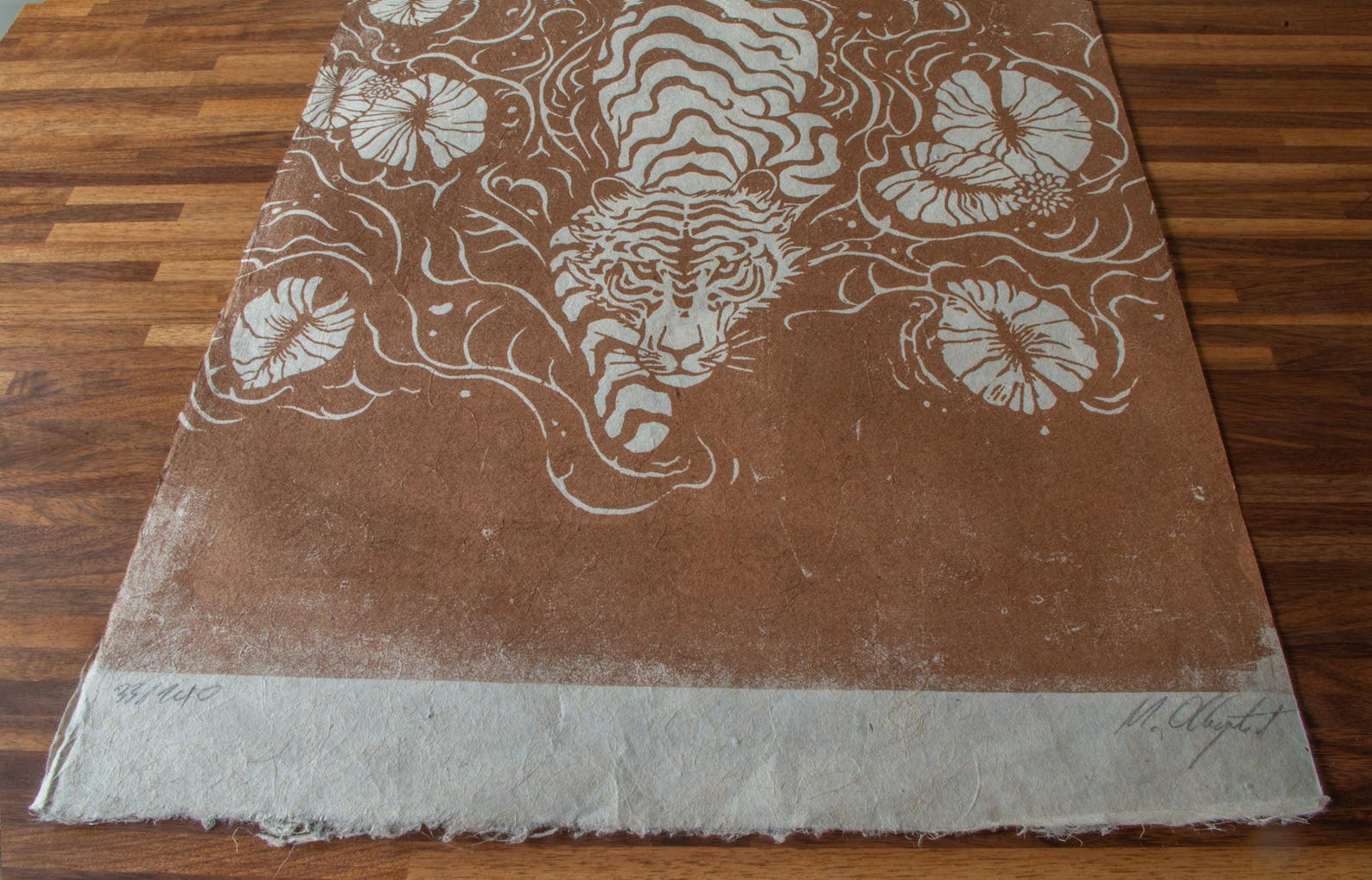 Original Handmade Lino Print of White Tiger Copper Metallic Ink ...