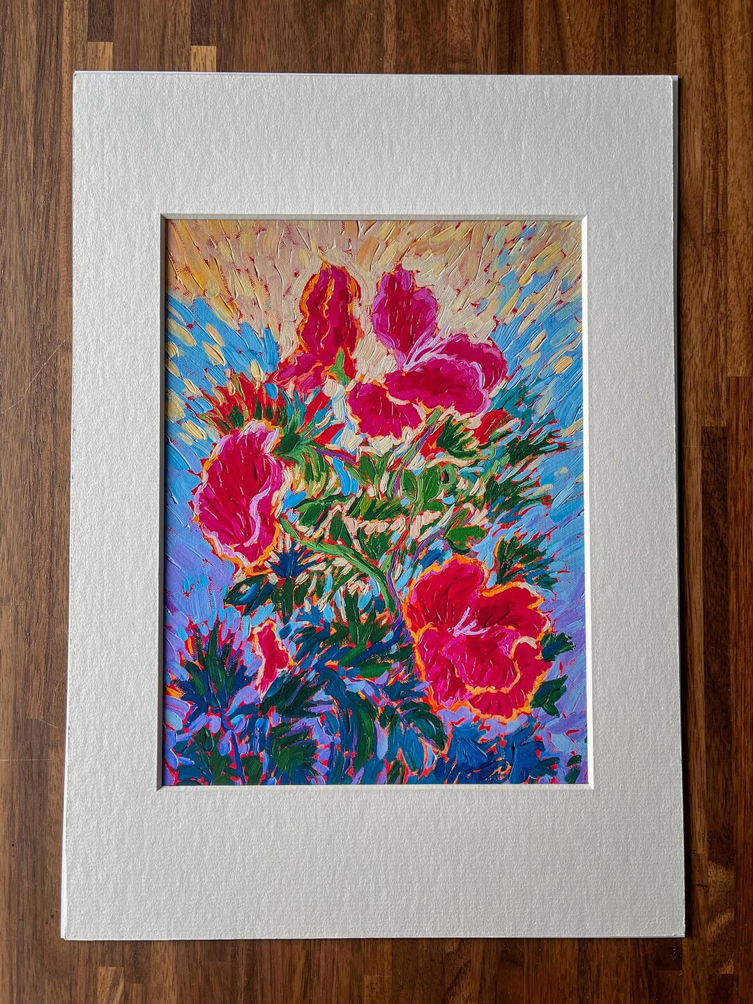 Oil Painting Carmine Flowers Art Print in Matt Mount Frame, Thick ...