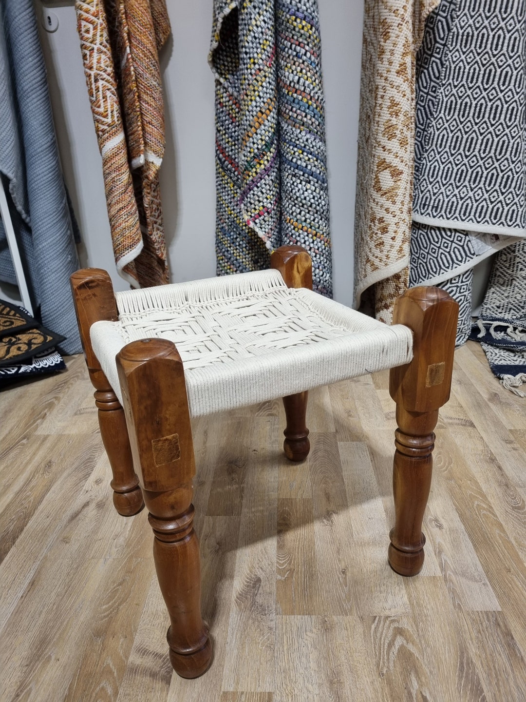 Rectangular Boho Stool With Wooden Legs, Living Room Home Decor Plant ...