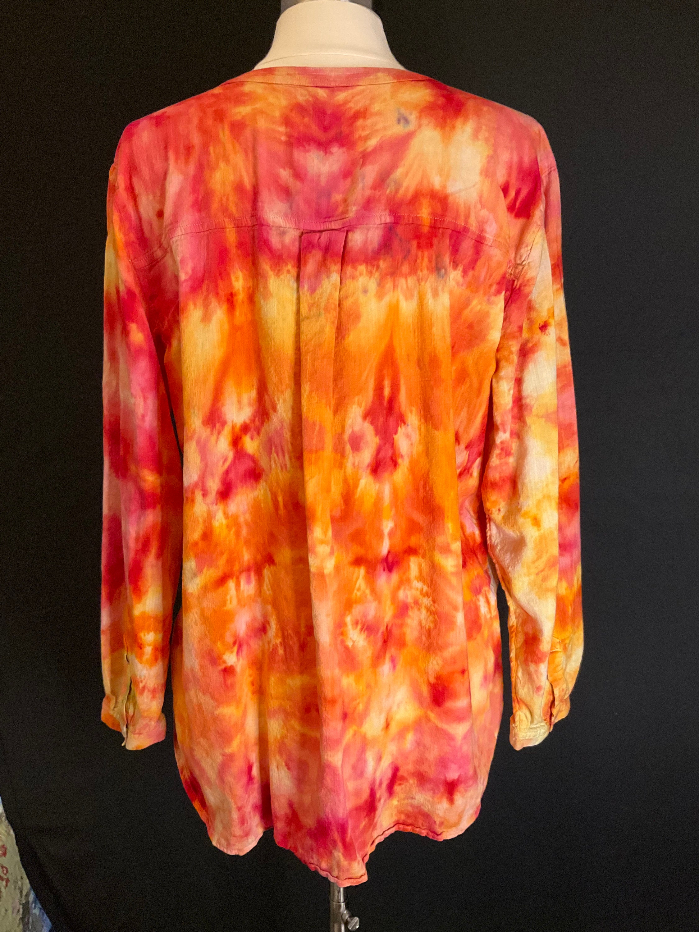 XL Ice Dyed Blouse in Orange and Yellow Aurora Design. Cotton Henley ...