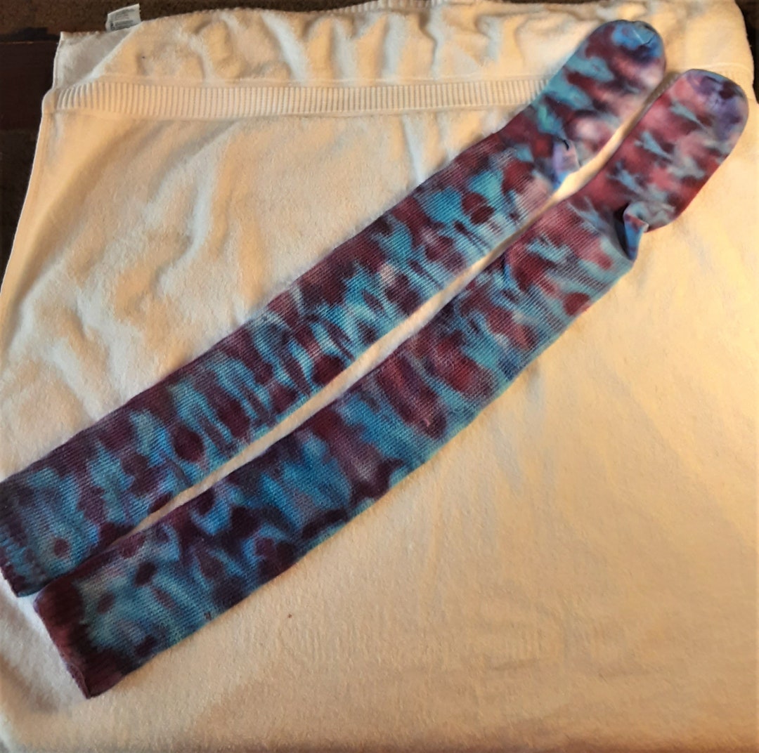 Pair of Thigh High Ice Dye Socks in Red Violet and Jade Green, Soft ...