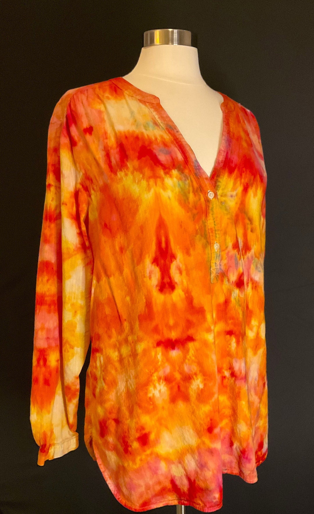 XL Ice Dyed Blouse in Orange and Yellow Aurora Design. Cotton Henley ...
