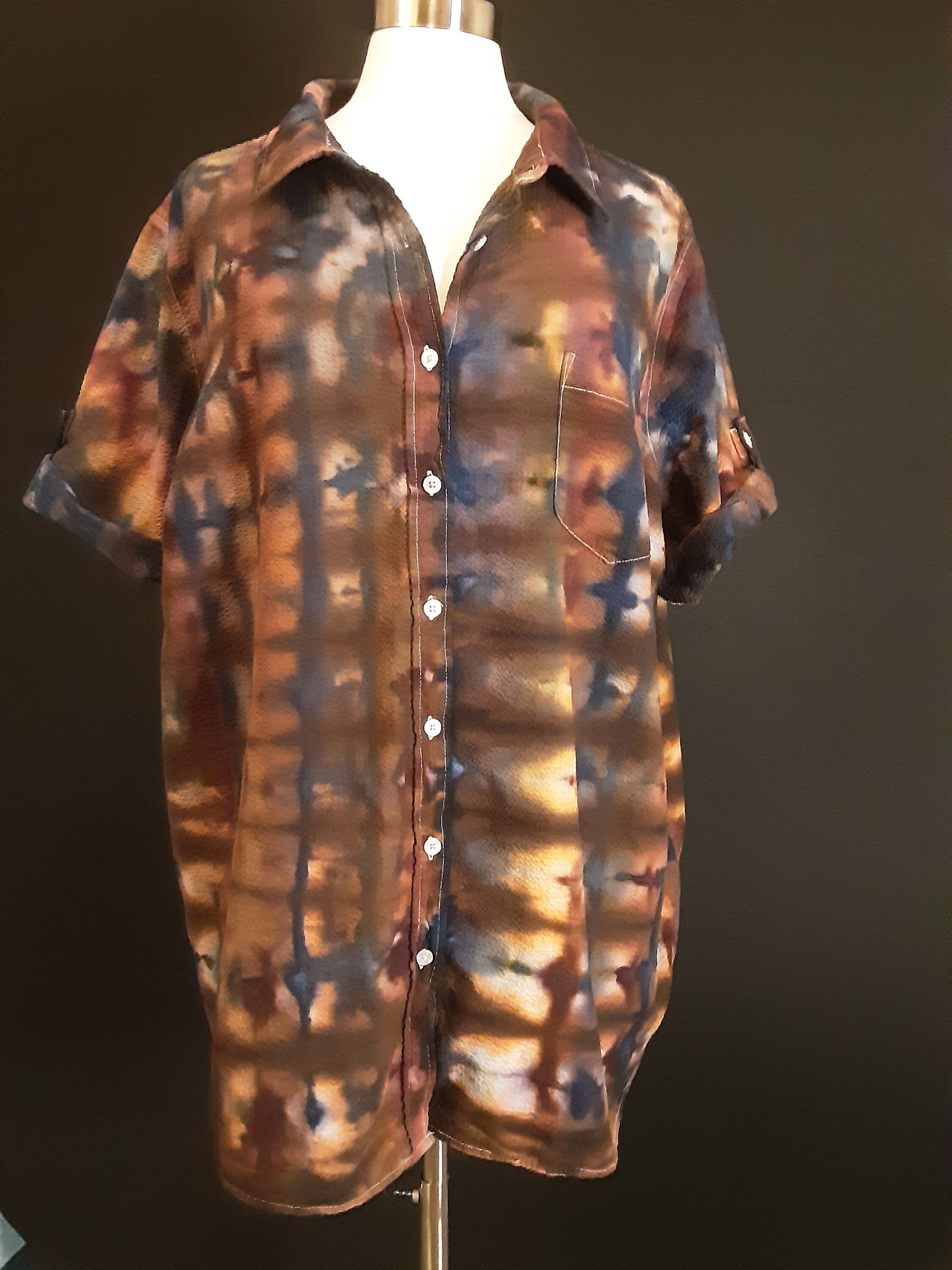 3X Ice Dye Button up Short Sleeve Top in Bronze, Brown, and Gray. Soft ...