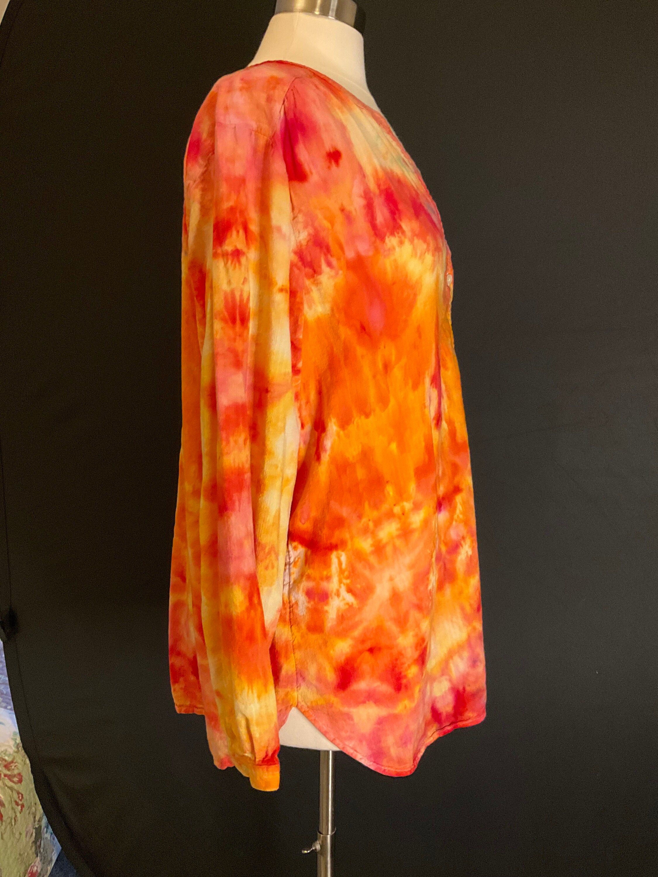 XL Ice Dyed Blouse in Orange and Yellow Aurora Design. Cotton Henley ...
