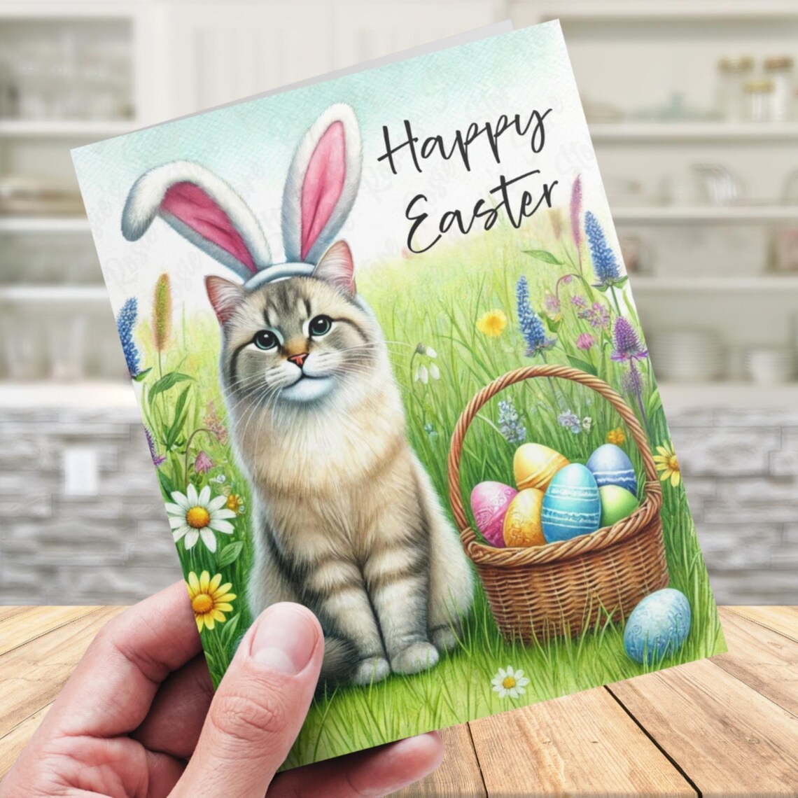 Happy Easter Greeting Card Cat Pet Lover Easter Bunny Illustrated Cards ...